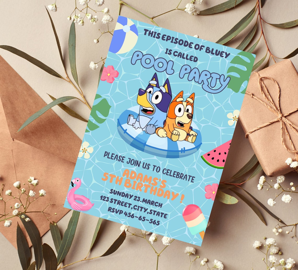 Bluey Pool Birthday Party Invitation, Bluey and Bingo Birthday Invite ...