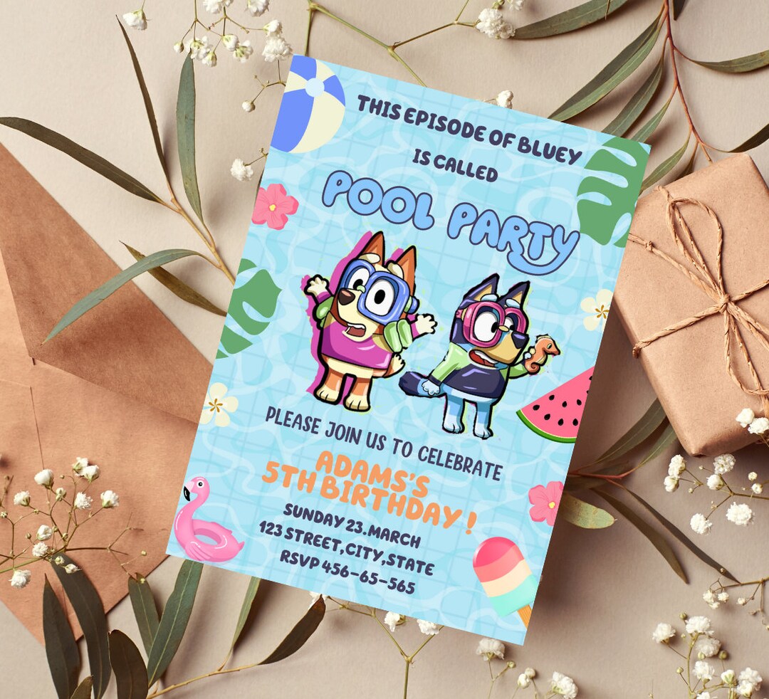 Bluey Pool Birthday Party Invitation,bluey Bingo Birthday Invite, Bluey ...