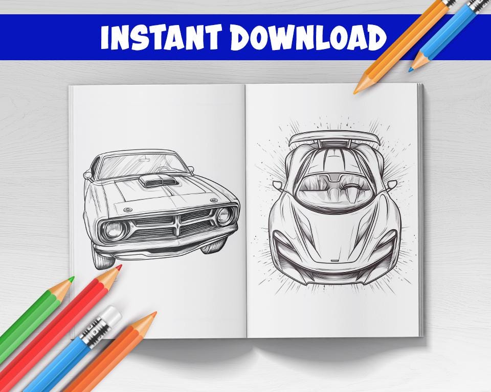 Kids Coloring Learning Pack, 40 Car Pages, Fun Vehicle Coloring Book ...