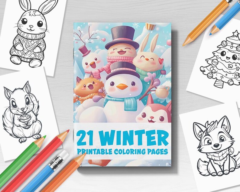 21 Cute Kawaii Winter Coloring Pages for Kids, Winter Activity Sheets ...