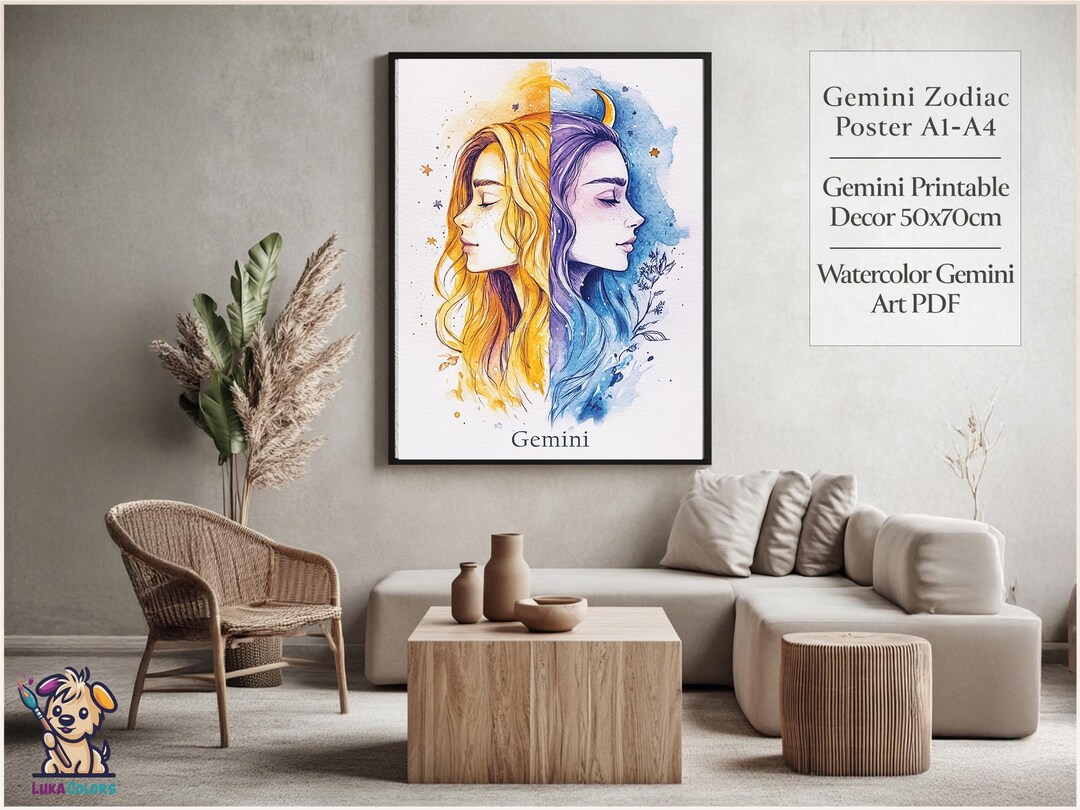 Gemini Zodiac Poster, Watercolor Wall Art, Instant Download, Boho ...