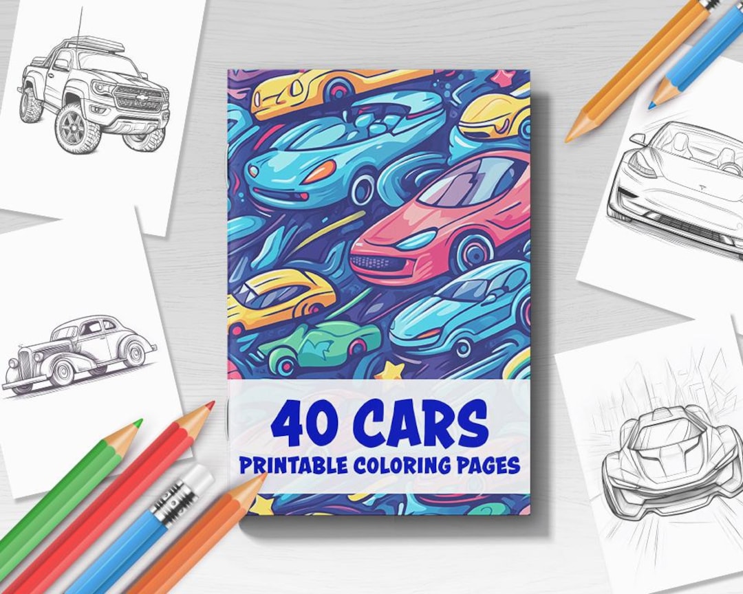 Kids Coloring Learning Pack, 40 Car Pages, Fun Vehicle Coloring Book ...