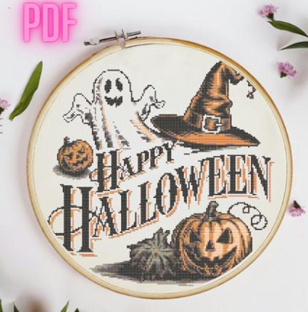 Cross Stitch Happy Halloween Pattern - Vintage Horror Ghost Pumpkins ...