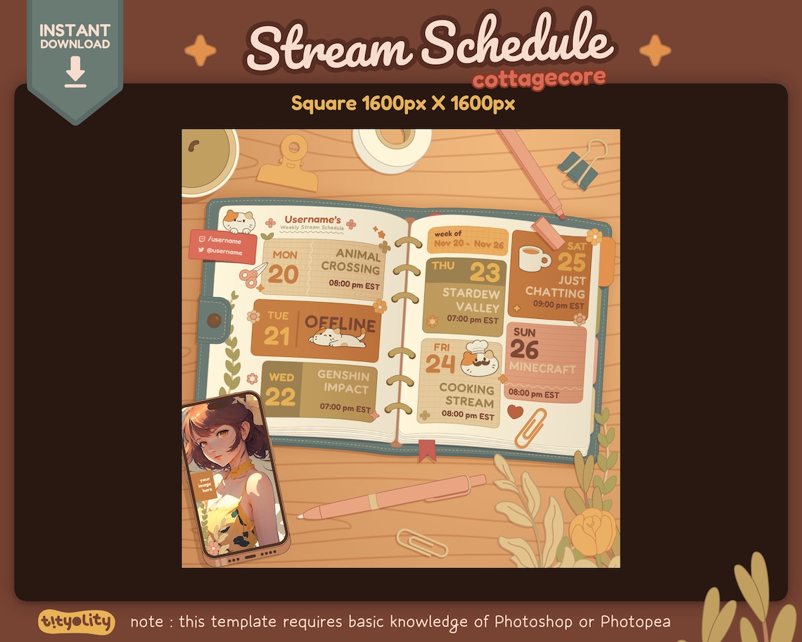 Stream Schedule Cottagecore | Anime Schedule Template | Vtuber Content ...