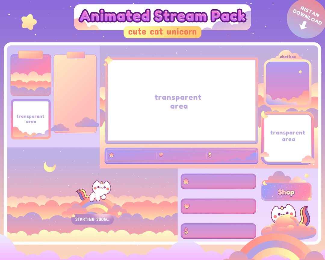Animated Stream Overlay Cat Unicorn | Kawaii Pastel Stream Package ...