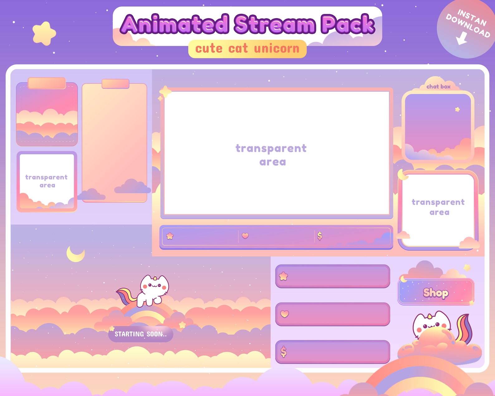 Cute Cat Unicorn Animated Overlays Kawaii White Kitty Stream Template ...