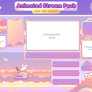 Cute Cat Unicorn Animated Overlays Kawaii White Kitty Stream Template ...