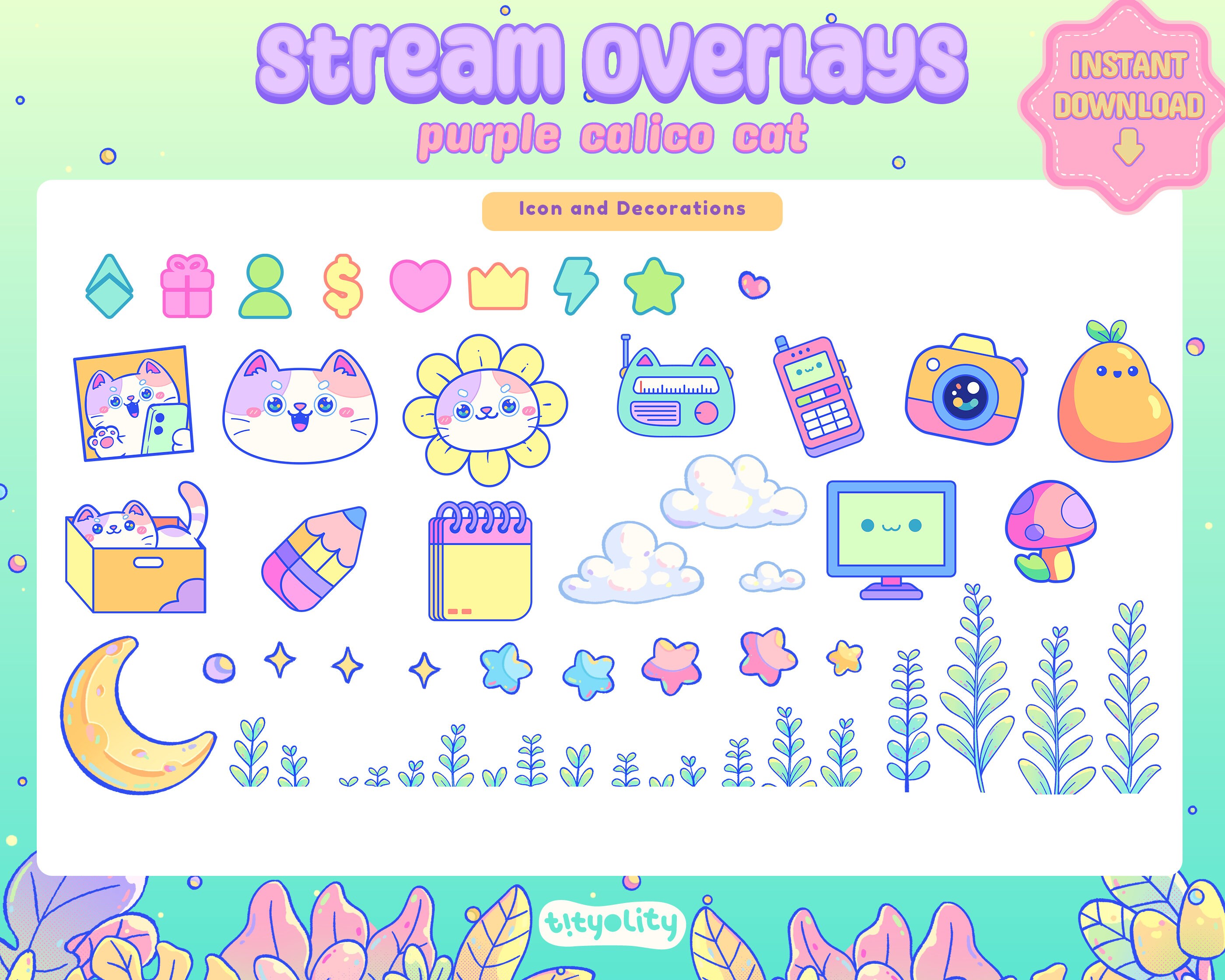 Cute Twitch Overlay Kawaii Purple Pink Calico Kitty Stream Bundle Moon ...