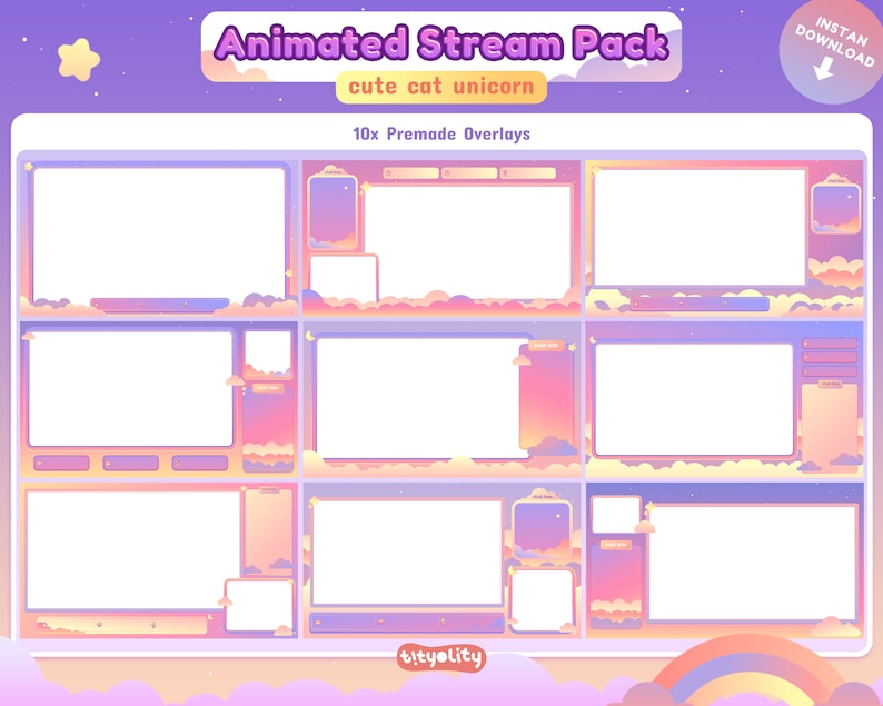 Cute Cat Unicorn Animated Overlays Kawaii White Kitty Stream Template ...
