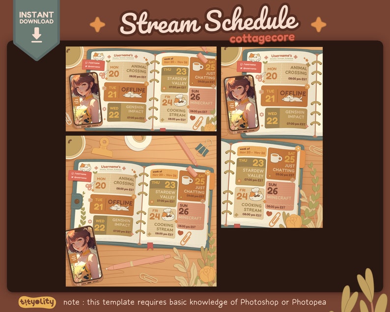 Stream Schedule Cottagecore | Anime Schedule Template | Vtuber Content ...