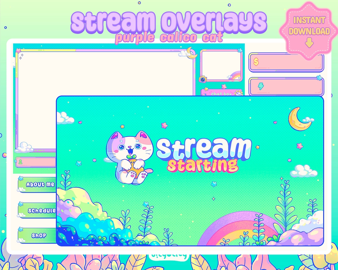 Cute Twitch Overlay | Kawaii Purple Pink Calico Kitty Stream Bundle ...