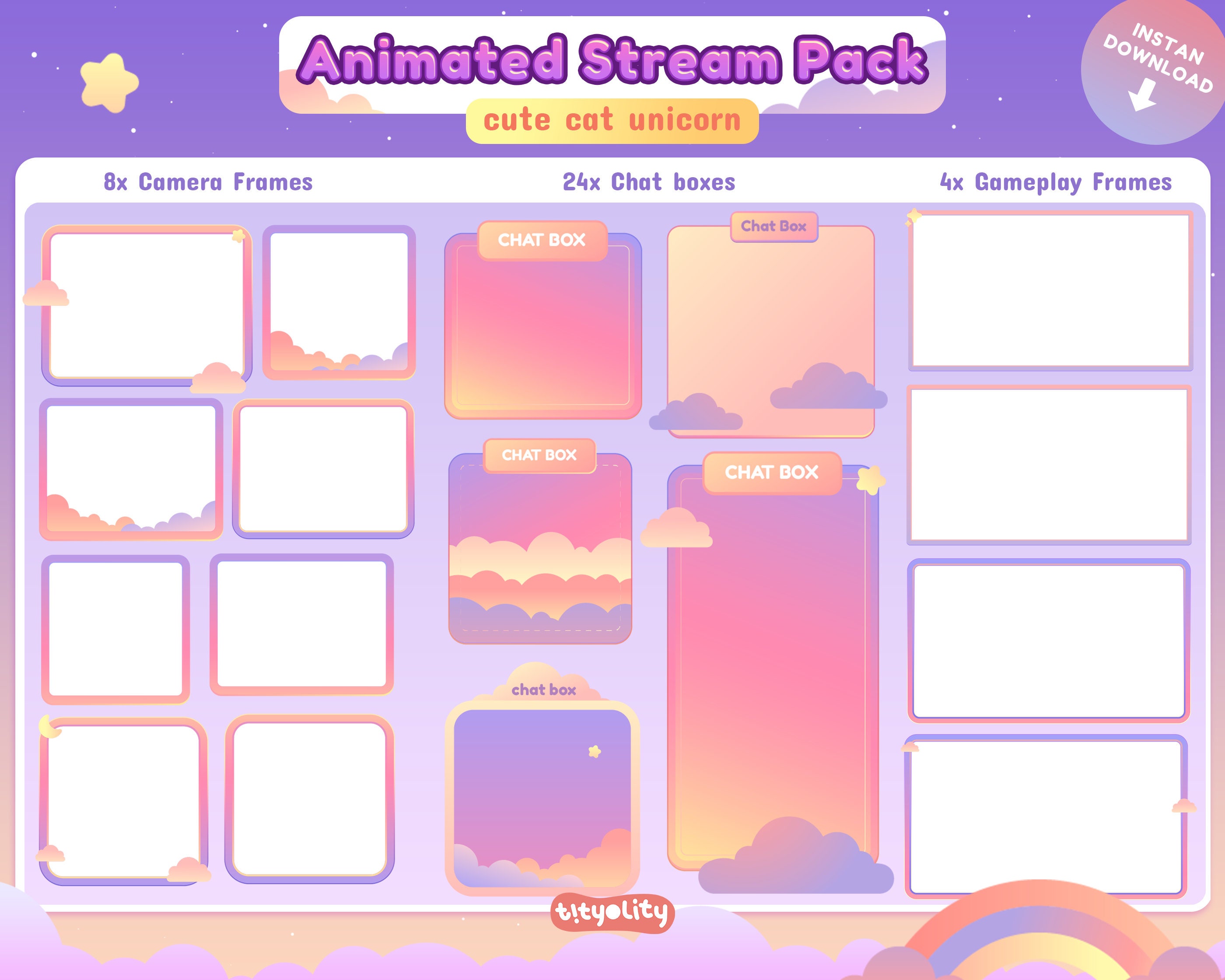 Cute Cat Unicorn Animated Overlays Kawaii White Kitty Stream Template ...