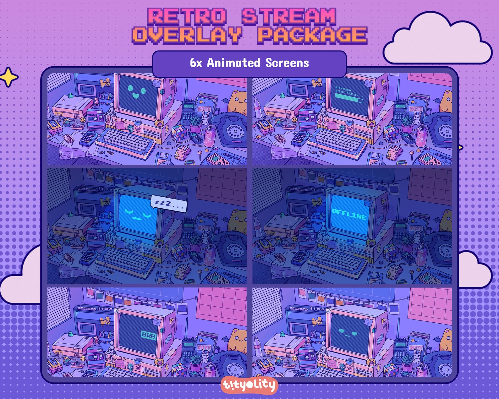 Retro Computer Stream Overlay Package: Animated Twitch Screens (digital ...