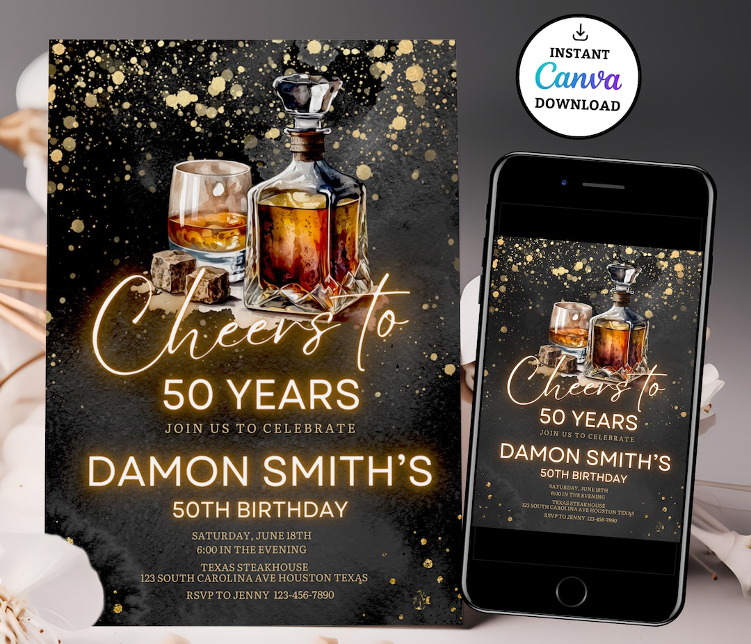 Editable Whiskey Birthday Invitation: Men's Any Age Invite (digital ...