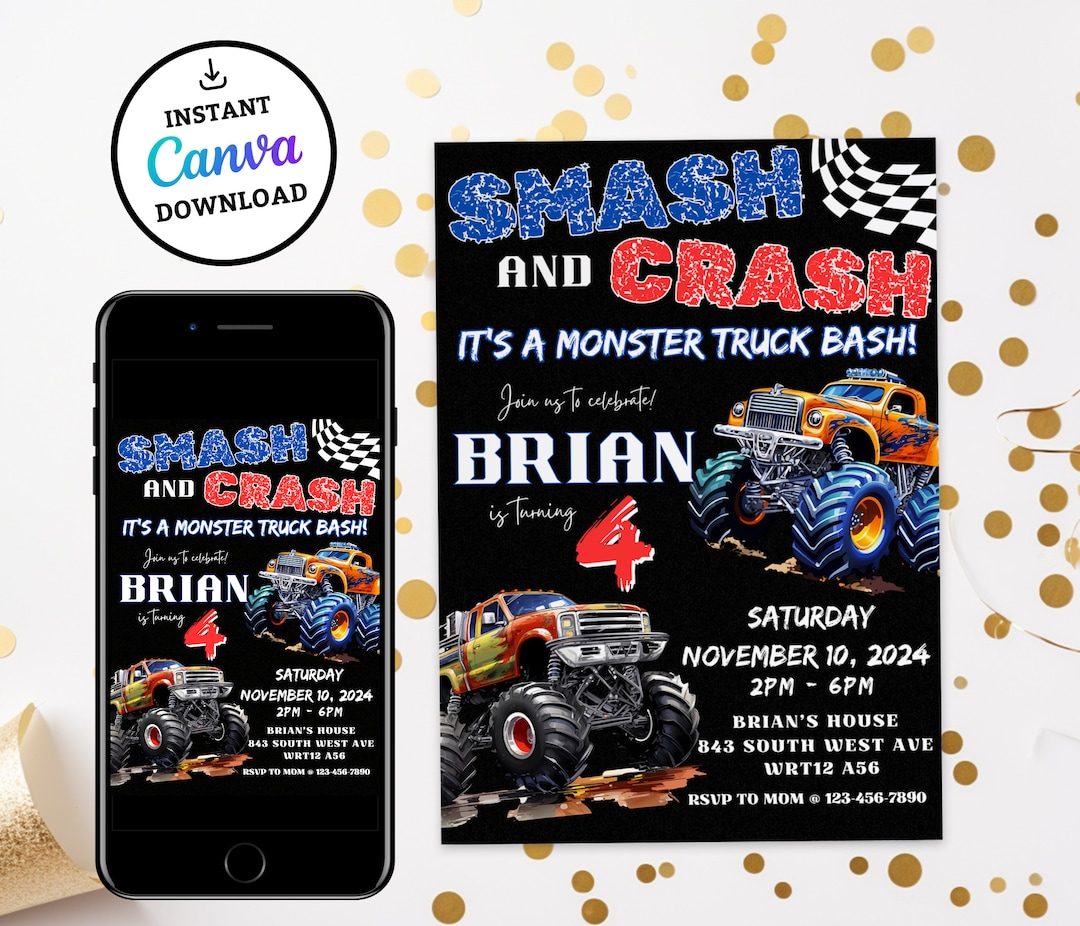 EDITABLE Monster Truck Birthday Invitation, Monster Trucks Invitation ...