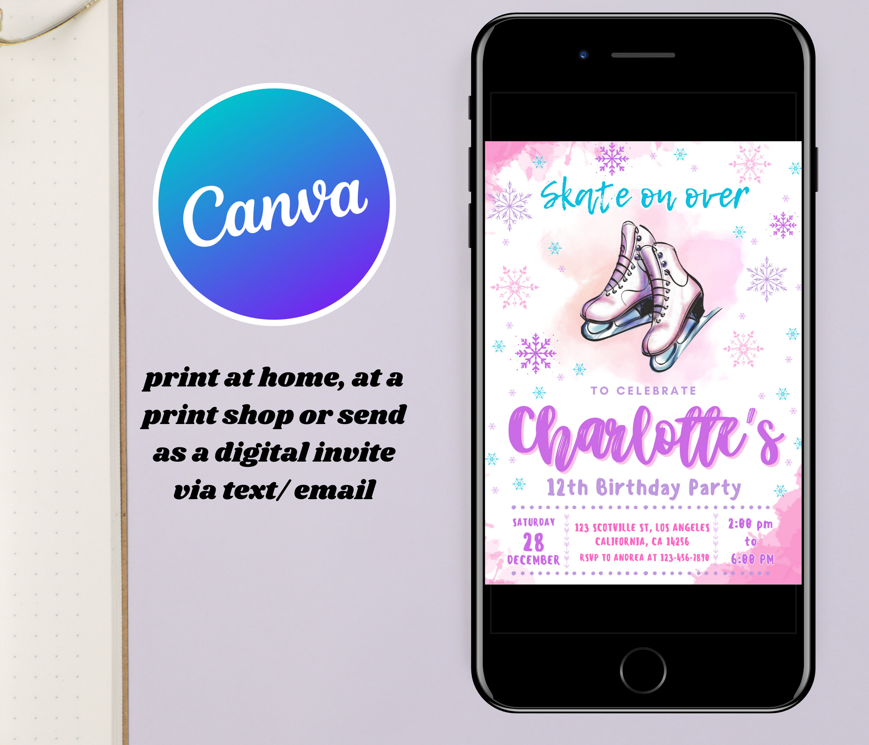 Ice Skating Birthday Invitation, EDITABLE Winter Skate Party Invite ...