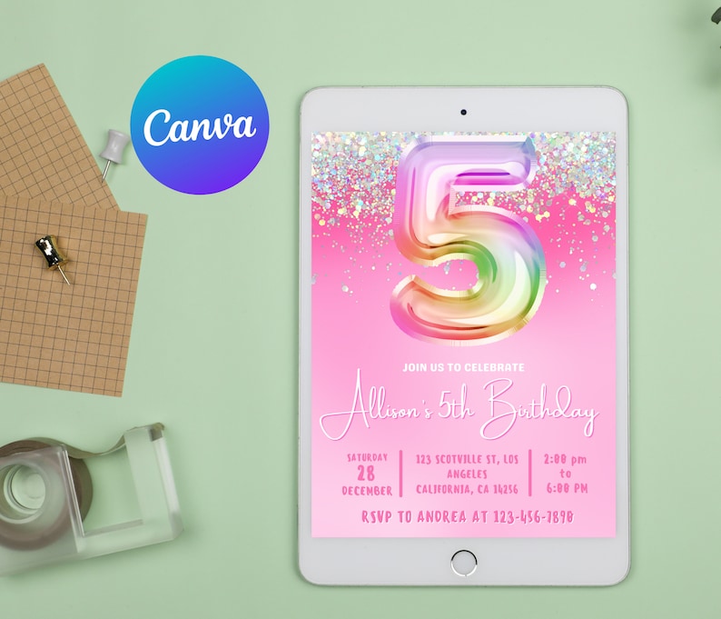 Editable Pink 5th Birthday Invitation Template Glitter Birthday Party ...