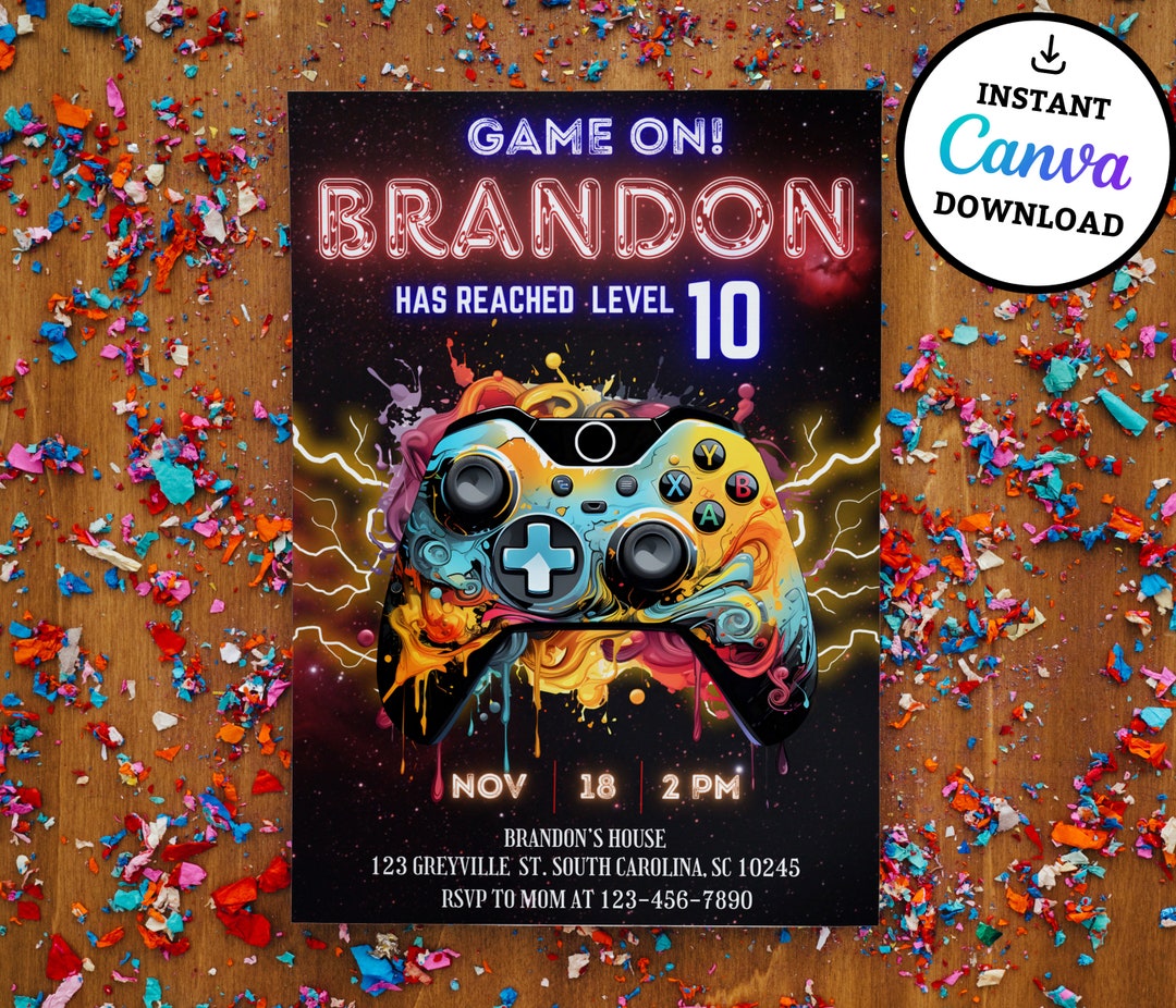 Video Game Birthday Invitation Template, Video Game Invitation, Neon ...