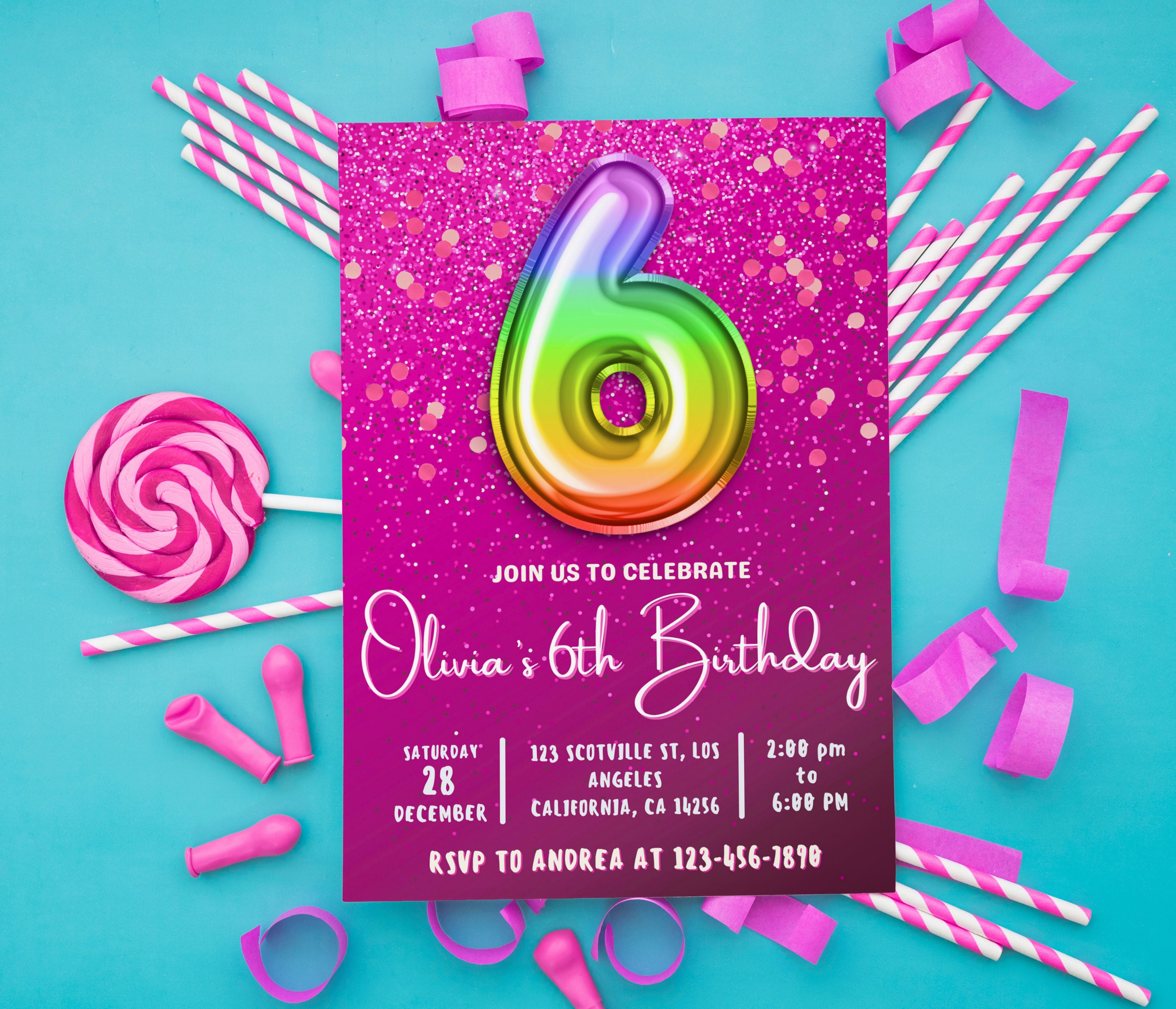 Editable Pink 6th Birthday Invitation Template Glitter Birthday Party ...