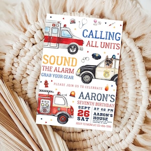 Calling All Units Birthday Invitation, Emergency Vehicles Invite ...