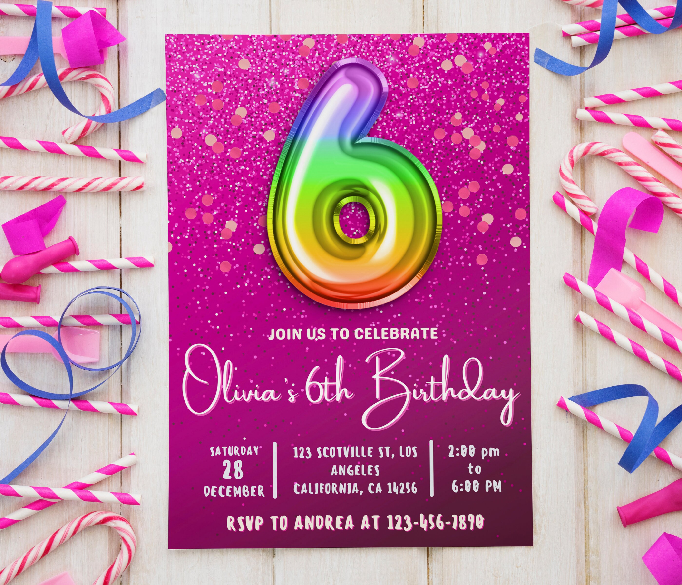 Editable Pink 6th Birthday Invitation Template Glitter Birthday Party ...