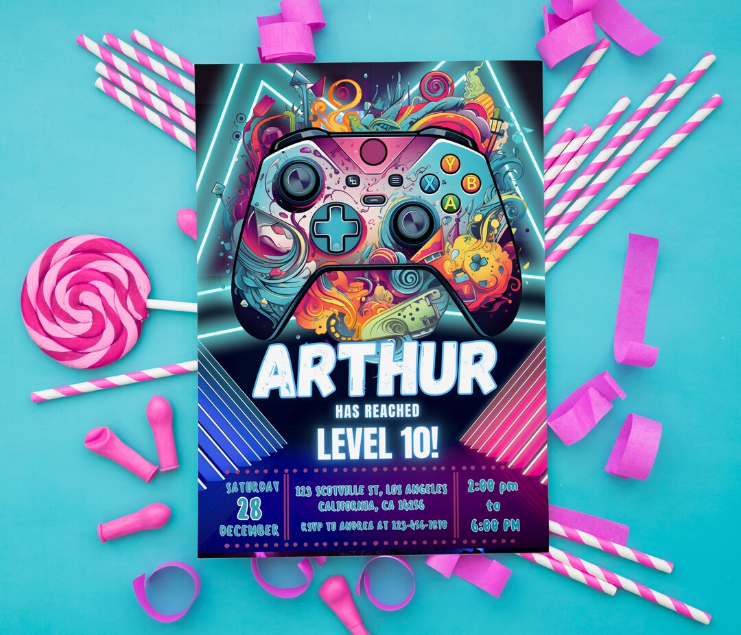 Video Game Birthday Invitation Template, Video Game Invitation, Neon ...