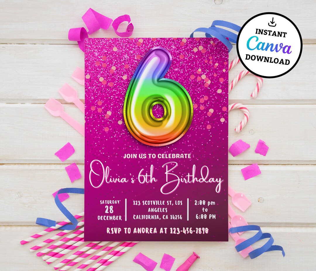 Editable Pink 6th Birthday Invitation Template Glitter Birthday Party ...