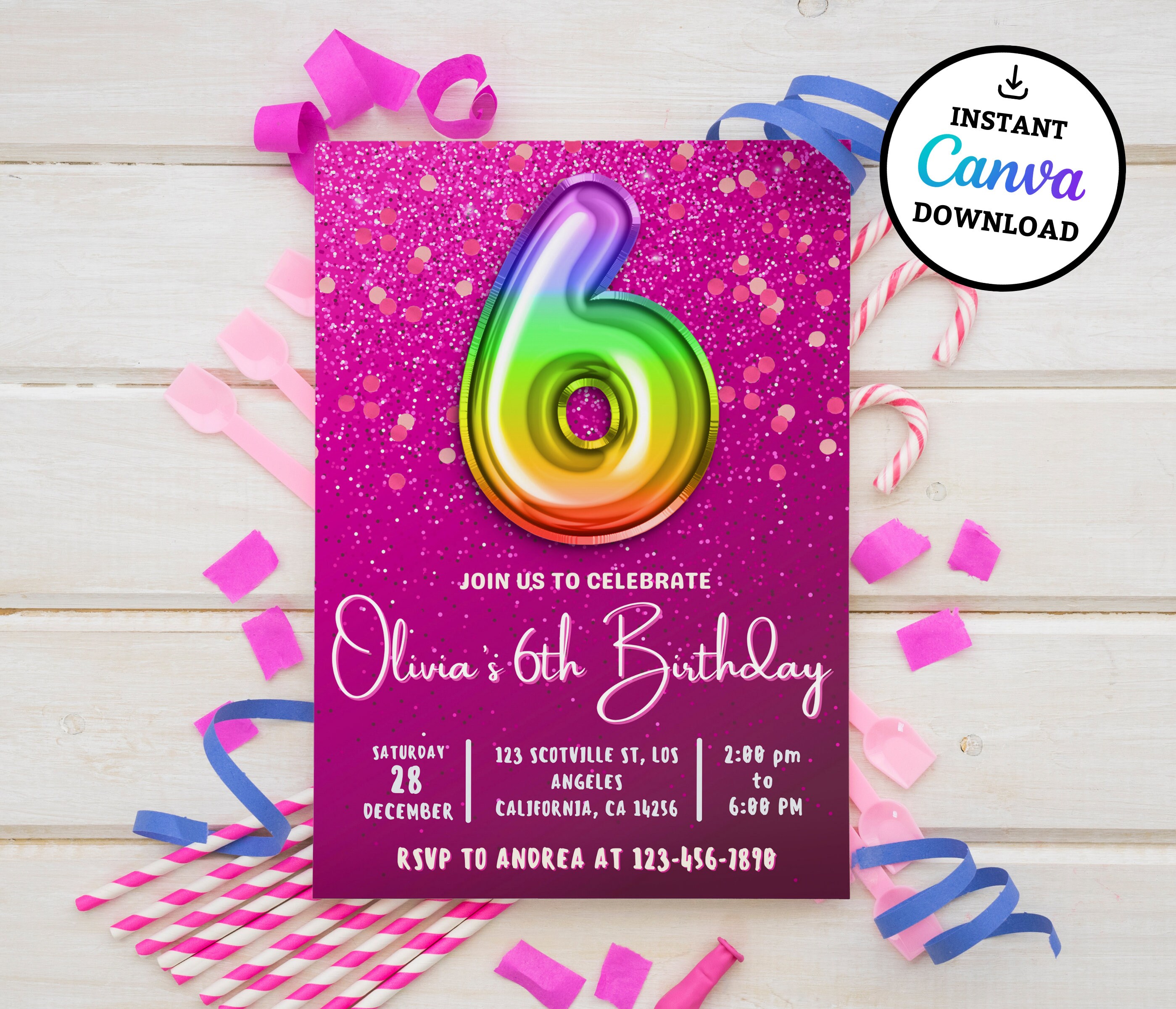 Editable Pink 6th Birthday Invitation Template Glitter Birthday Party ...