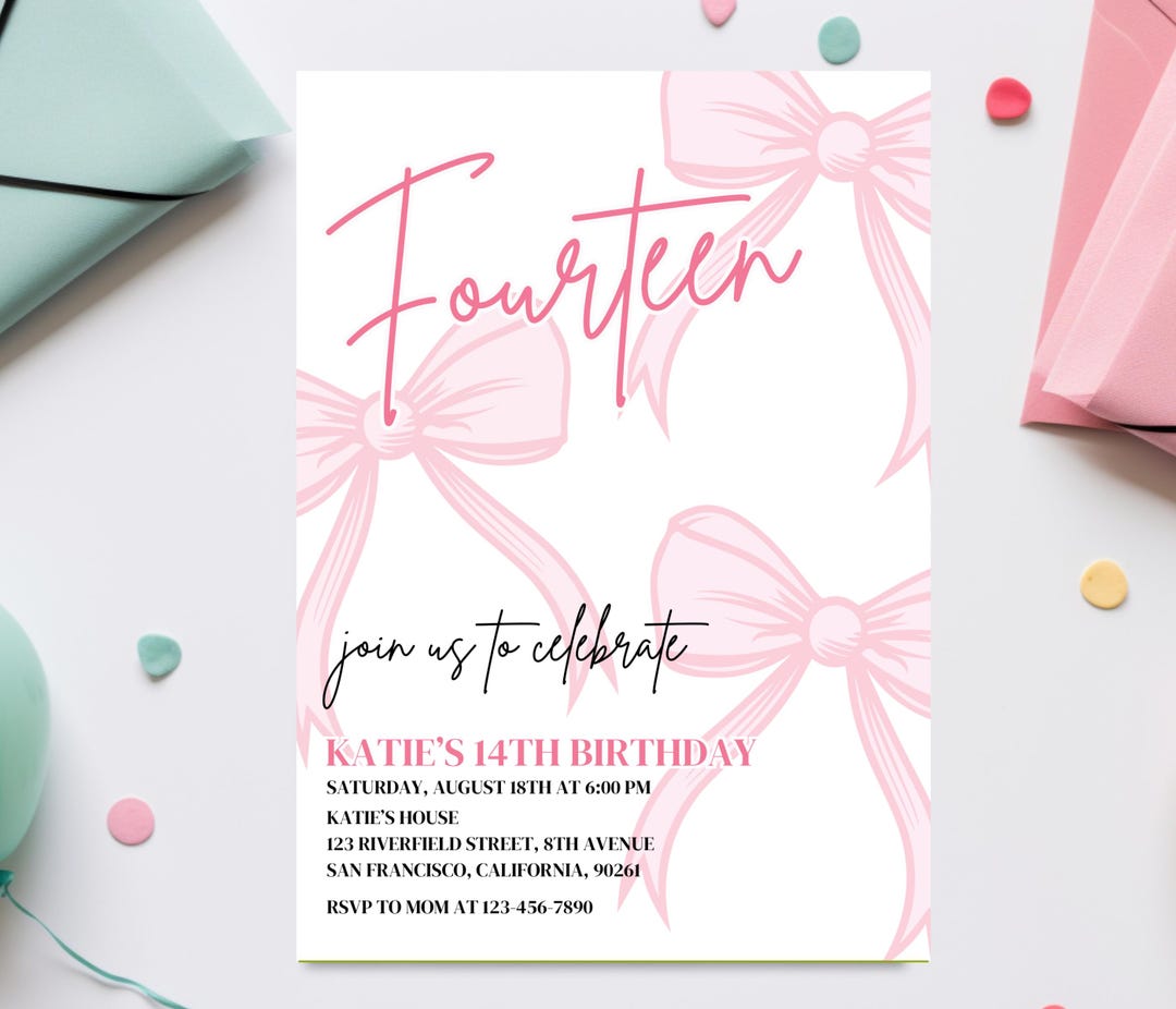Pink Bow 14th Birthday Invitation Template (digital Download) - Etsy
