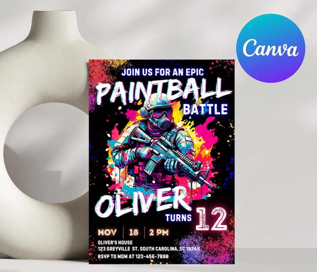 Paintball Birthday Invitation, Paintball Party Ticket Invite, Editable ...