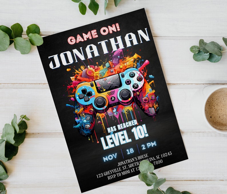 Video Game Birthday Invitation Template, Video Game Invitation, Neon ...