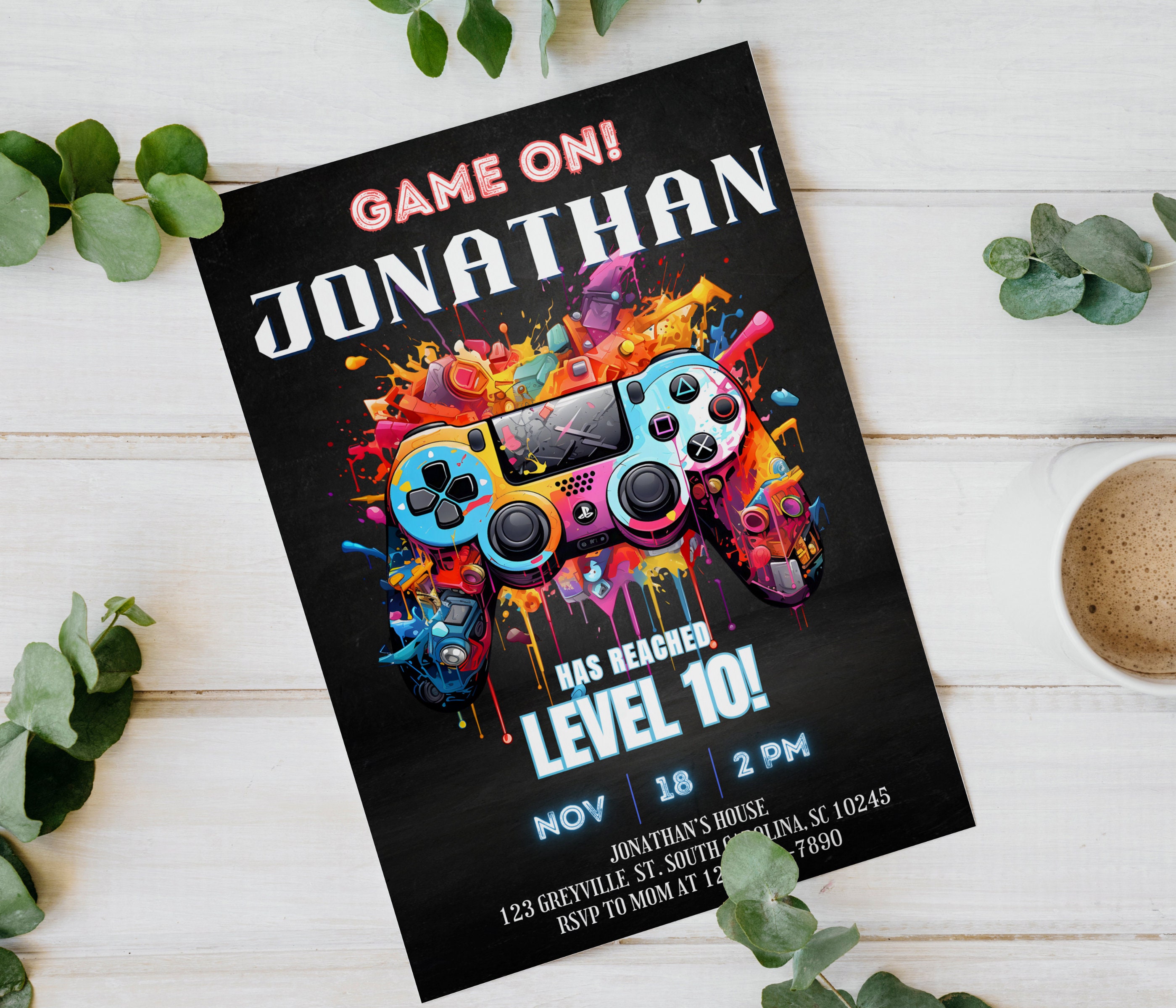 Video Game Birthday Invitation Template, Video Game Invitation, Neon ...