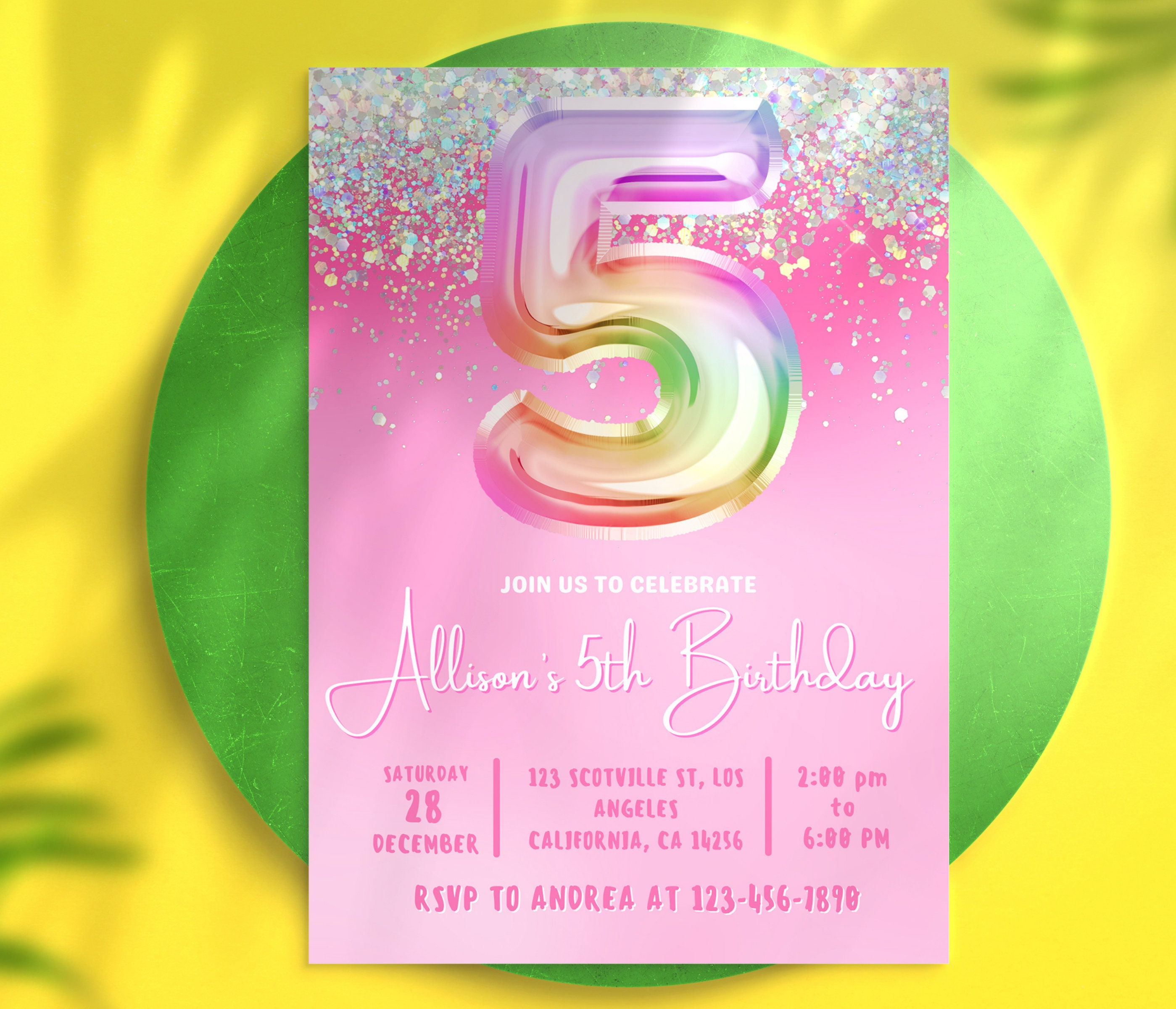 Editable Pink 5th Birthday Invitation Template Glitter Birthday Party ...
