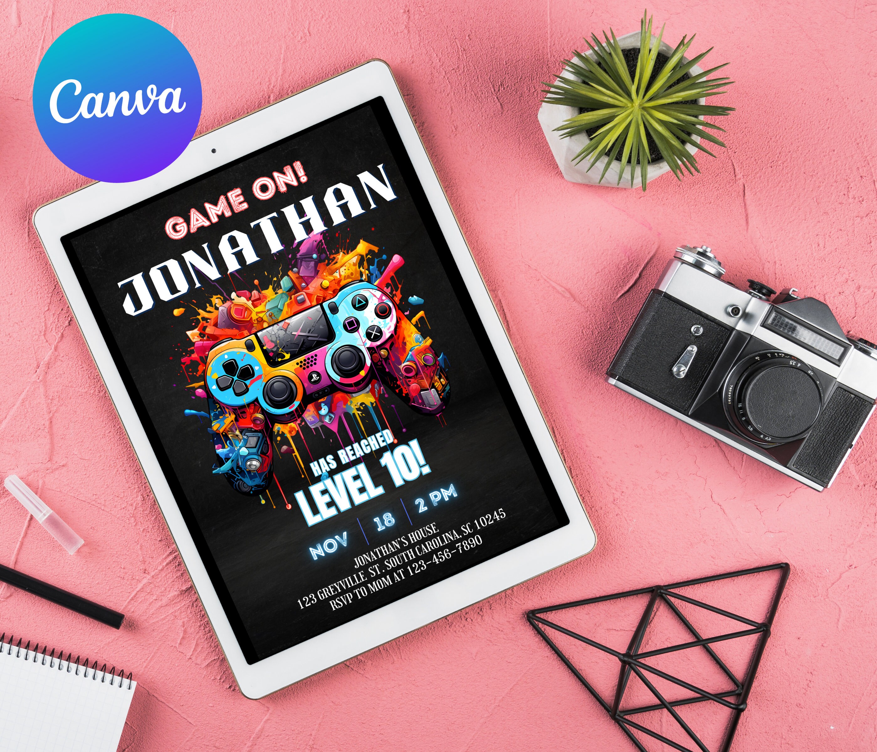 Video Game Birthday Invitation Template, Video Game Invitation, Neon ...