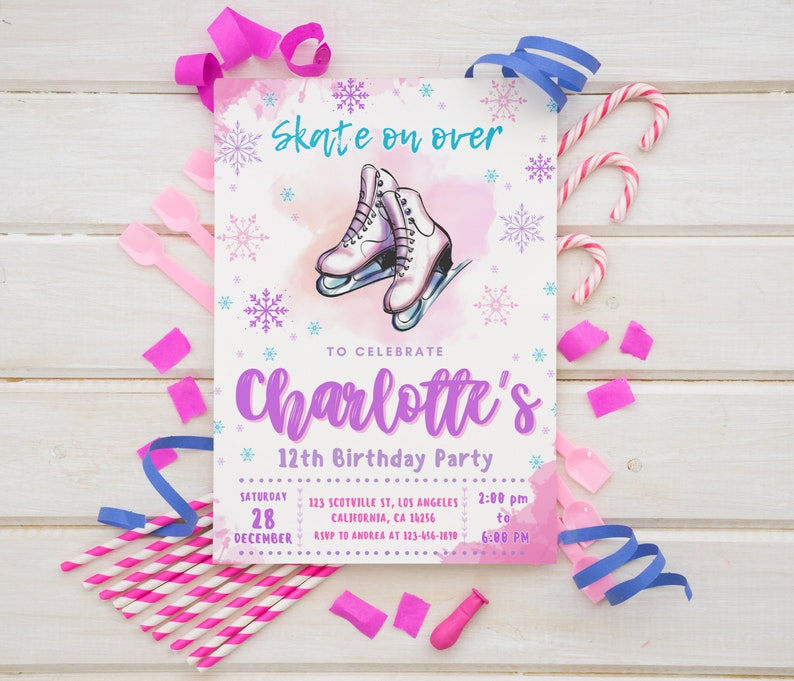 Ice Skating Birthday Invitation, EDITABLE Winter Skate Party Invite ...