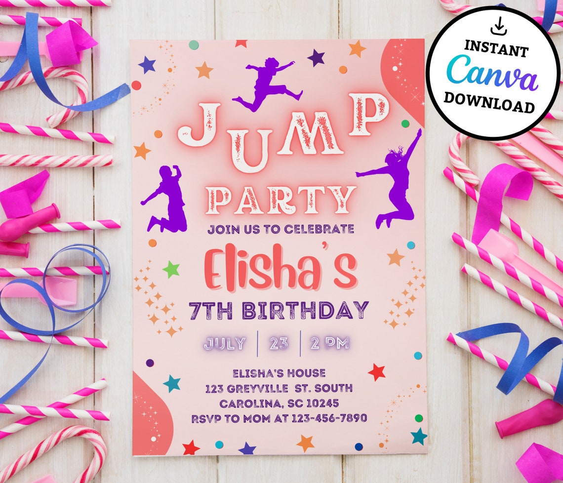 EDITABLE Jump Party Invitation, Trampoline Park Birthday Invitation ...