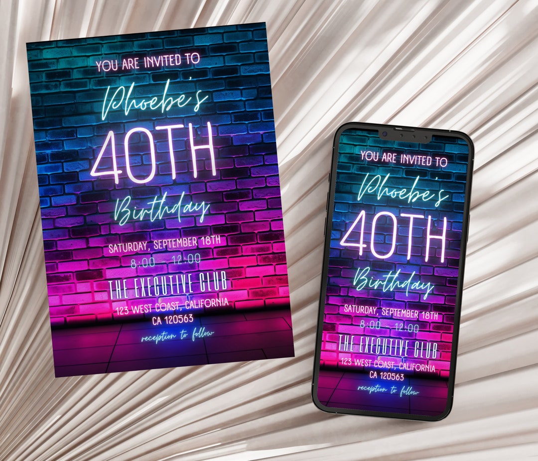 Neon Glow 40th Birthday Invitation Template (digital Download) - Etsy