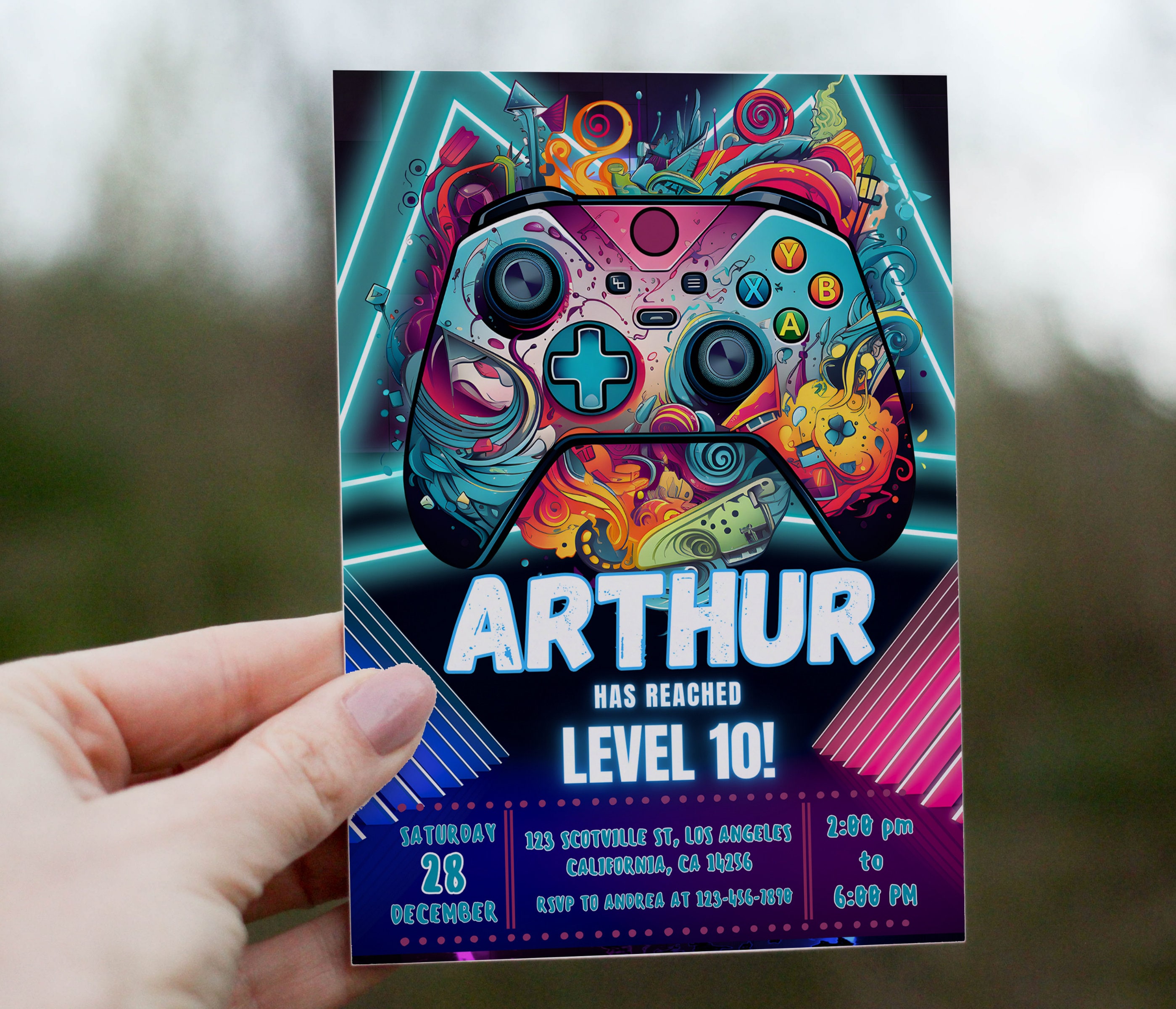 Video Game Birthday Invitation Template, Video Game Invitation, Neon ...