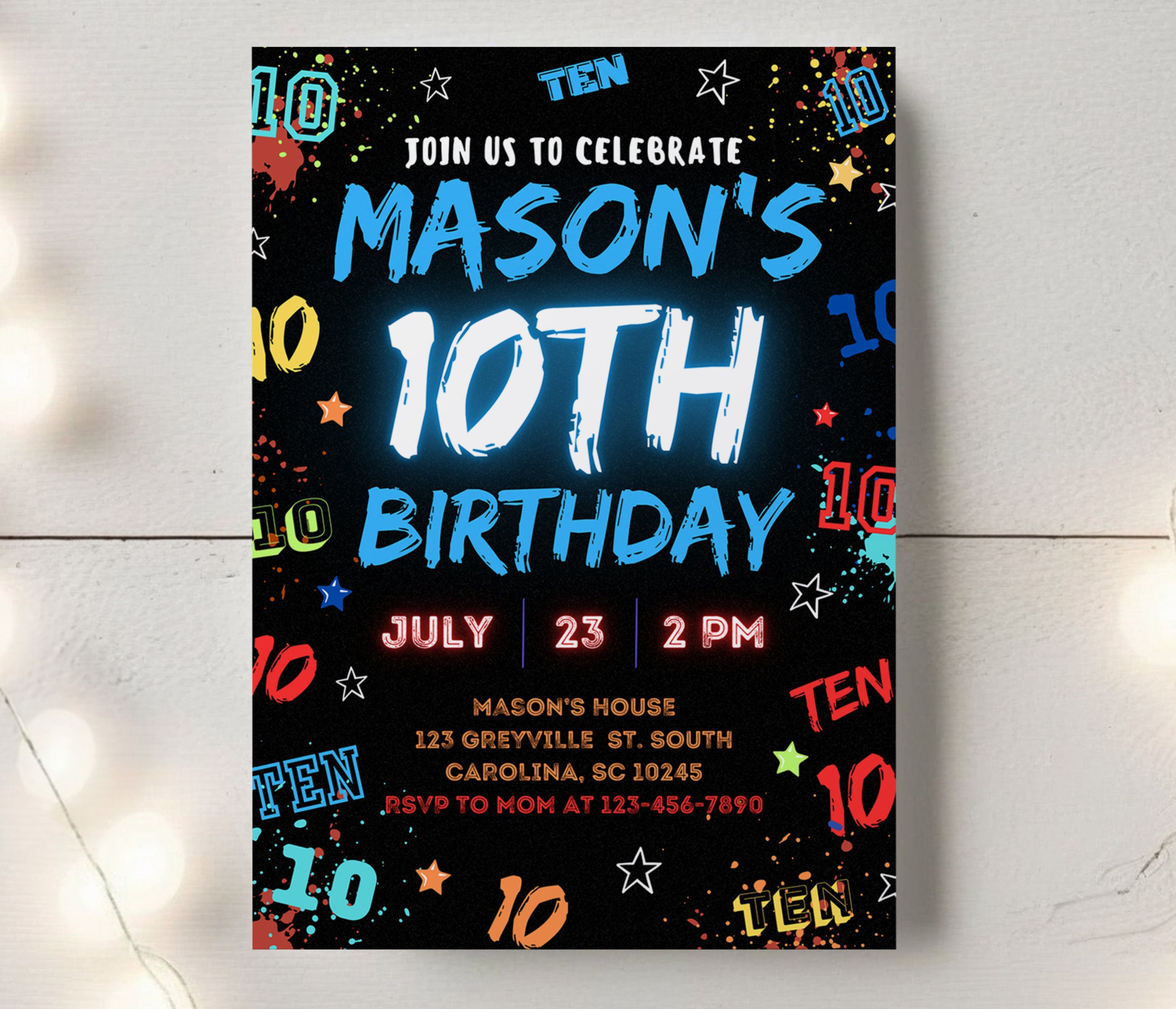 Boy 10th Birthday Invitation, 10th Neon Birthday Invitation, Boy ...