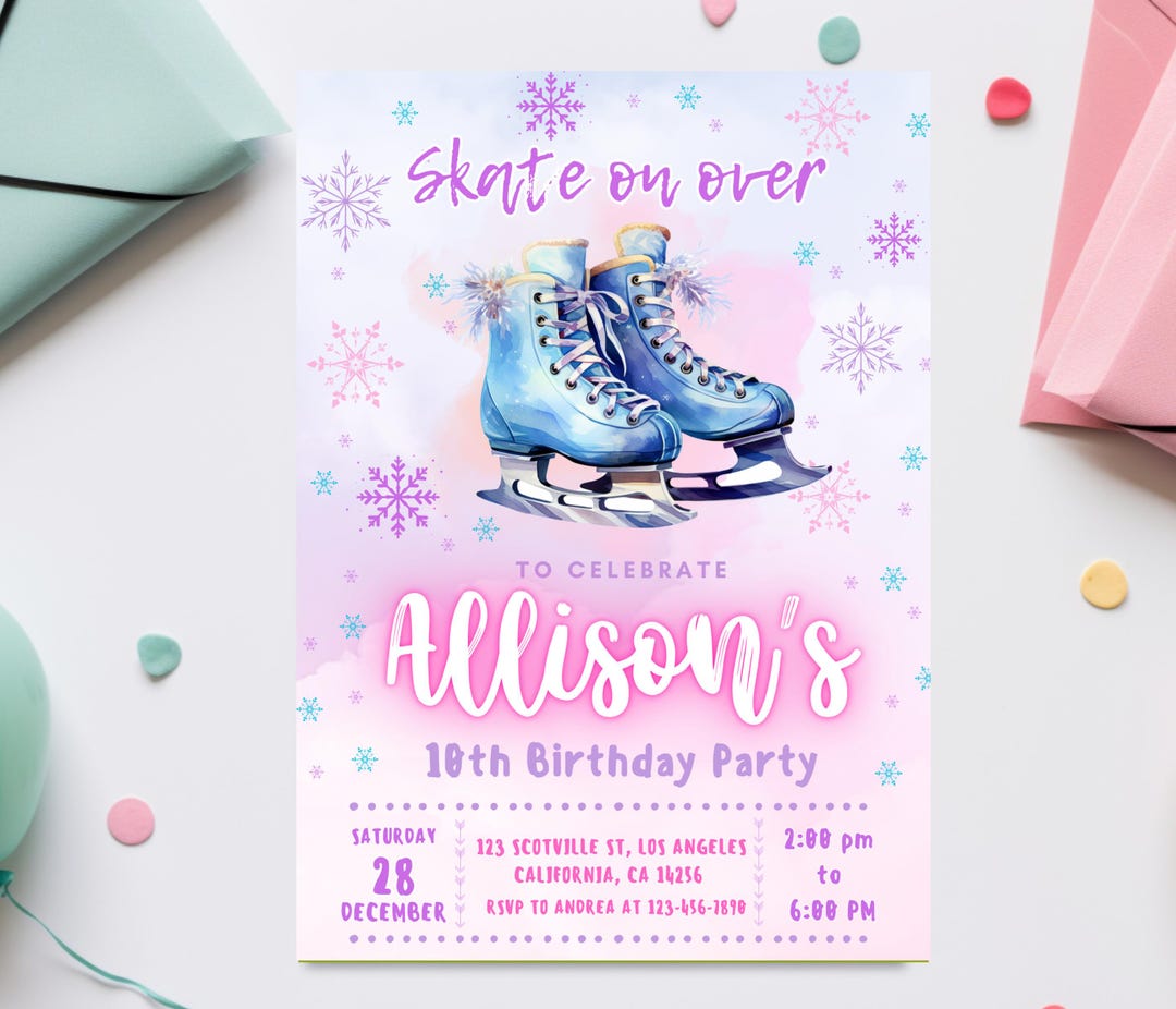 Ice Skating Birthday Invitation, EDITABLE Winter Skate Party Invite ...