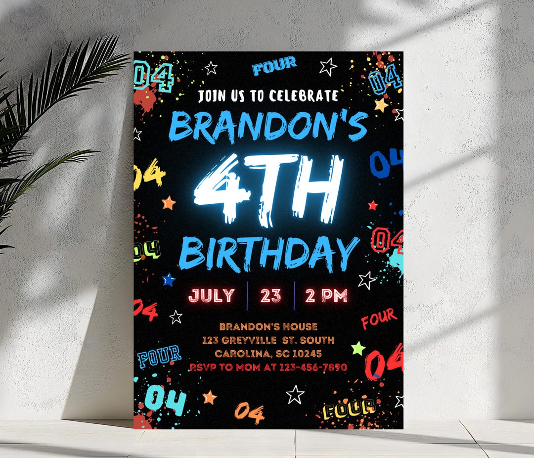 Boy 4th Birthday Invitation, 4th Neon Birthday Invitation, Boy Birthday ...