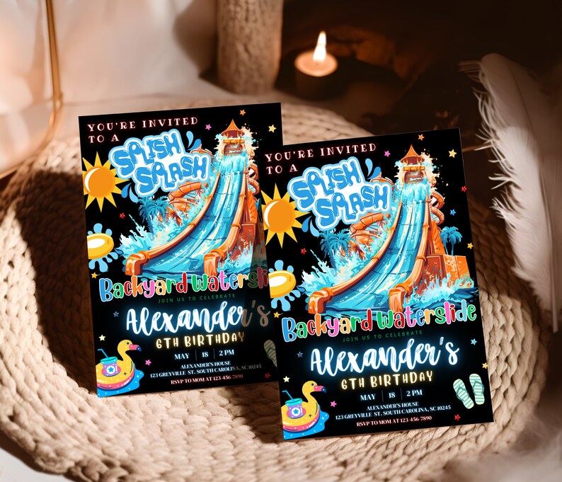 Editable Water Slide Birthday Splash Party Invitation, Boy, Girl, Slide ...