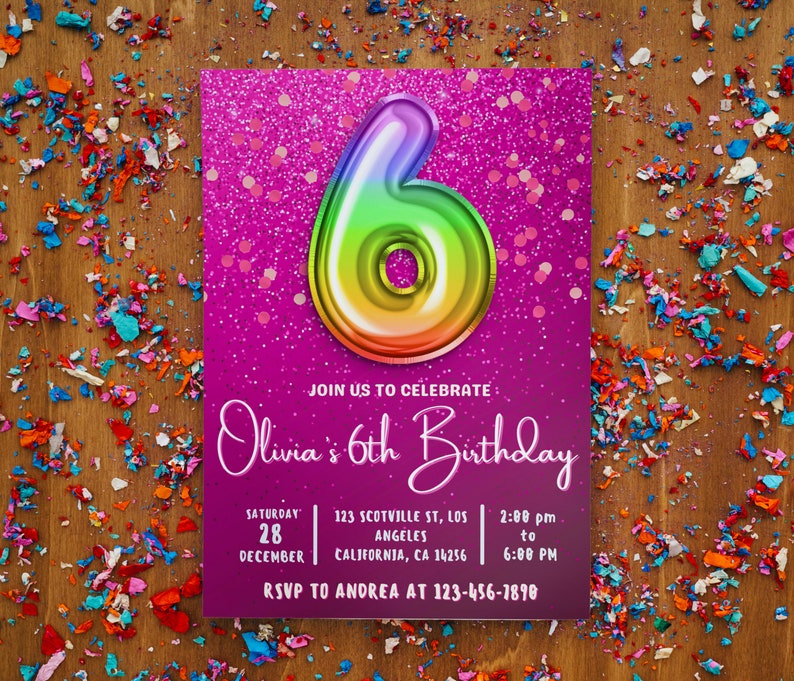 Editable Pink 6th Birthday Invitation Template Glitter Birthday Party ...