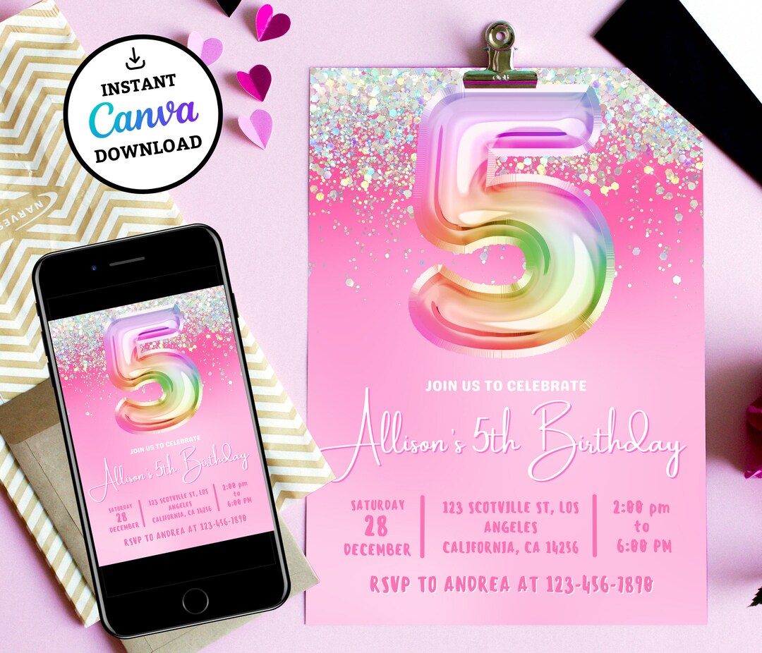 Editable Pink 5th Birthday Invitation Template Glitter Birthday Party ...