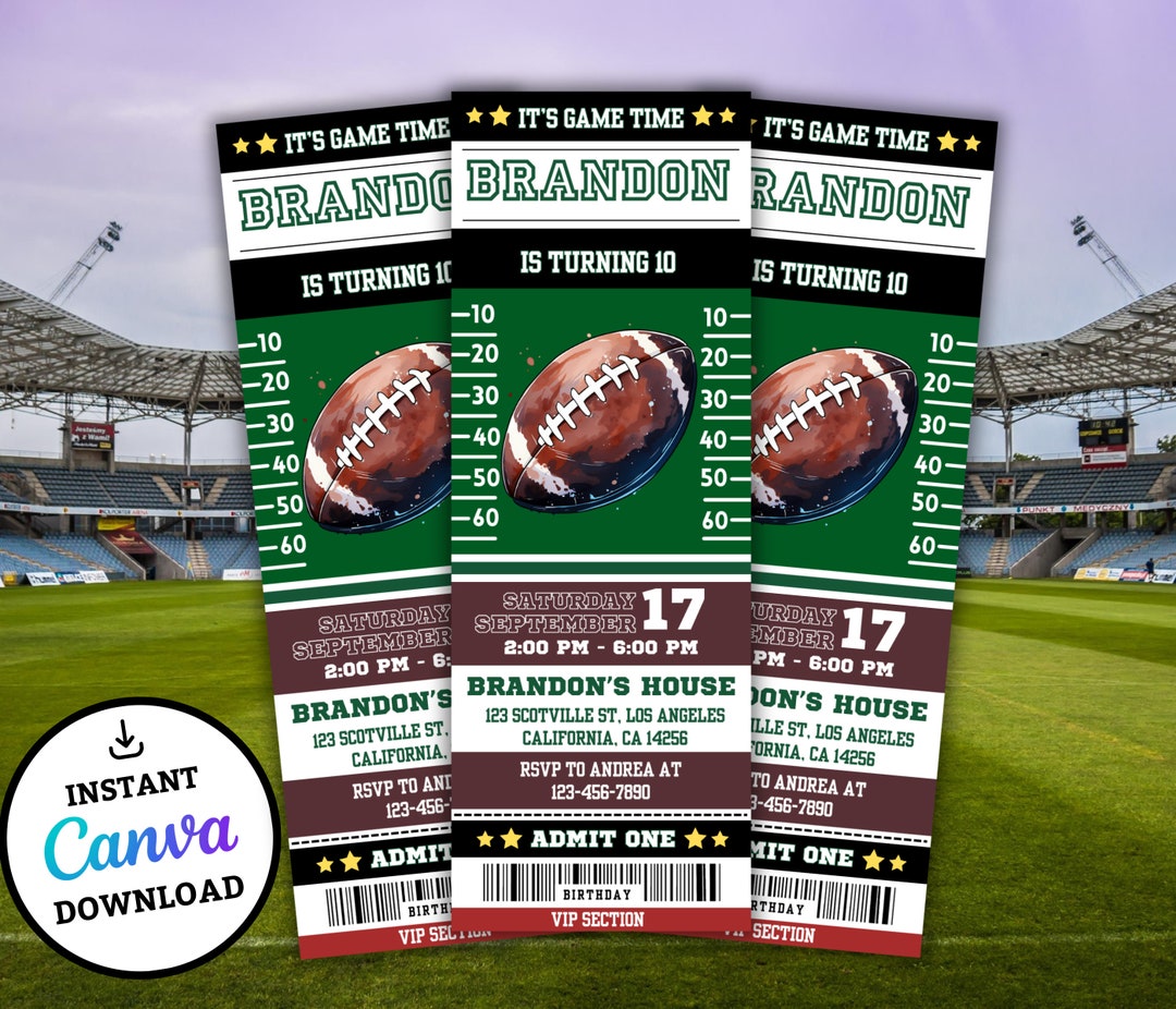 Football Invitation Birthday Sports Ticket Style Party Invite ANY Age ...