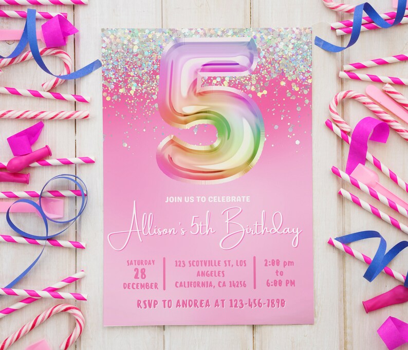 Editable Pink 5th Birthday Invitation Template Glitter Birthday Party Invite Rainbow Foil Girl ...