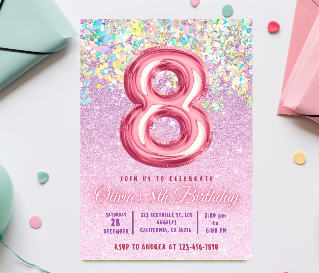 Pink Glitter 8th Birthday Invitation: Rainbow Foil (digital Download ...