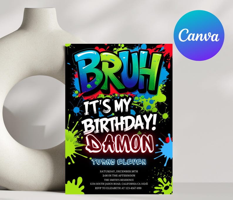 Neon 11th Birthday Invitation Template: Editable Canva Design (5x7 ...