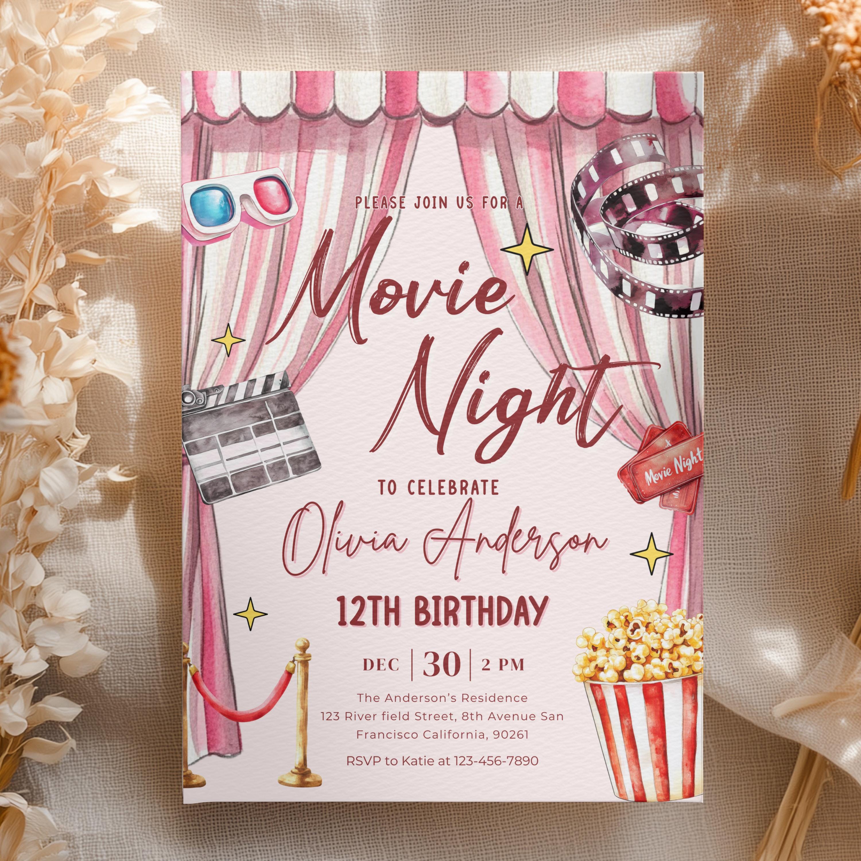 Editable Movie Birthday Invitation, Printable Birthday Party Invitation ...