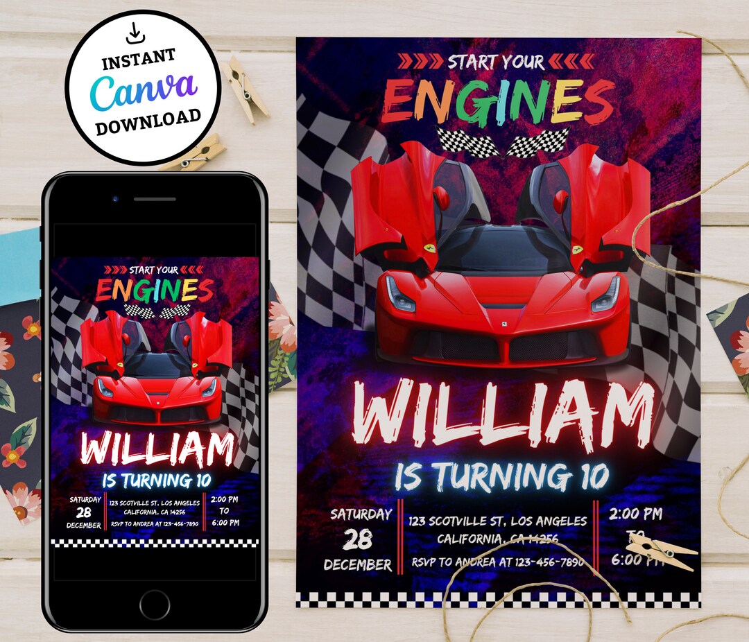 Red Race Car Birthday Party Invitation, Racing Car Digital Template ...
